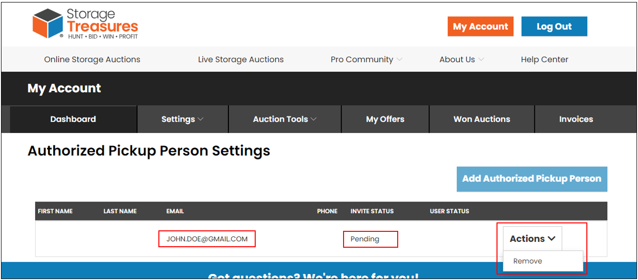 Auction Buyers - How do I add an Authorized Pickup Person? – StorageTreasures Help Center